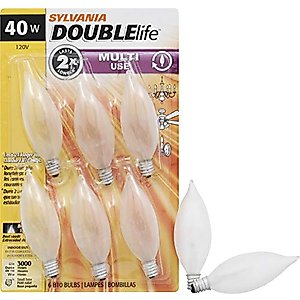 SYLVANIA Double Life Incandescent Light Bulb, B10, 40W, Dimmable, Candelabra Base, 285 Lumens, Frosted - 6 Count (Pack of 1) (15323)