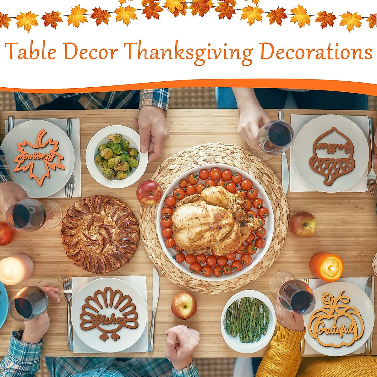 Spiareal 12 Pcs Fall Thanksgiving Wood Cutout Thankful Grateful Blessed Sign Plate Decor Pumpkin Maple Leaf Turkey Table Settings Thanksgiving Autumn Plate Table Wall Decoration(Yellow,Orange,Brown)