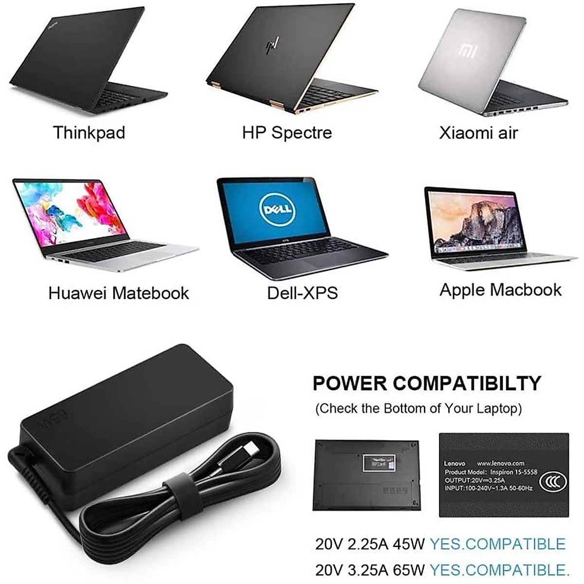 USB-C Type C Charger for Laptop Chromebook Tablet Phone Compatible 45w 65w Replacement for Dell Latitude 5285 5290 5520 5420 Dell Chromebook 5190 3400 3100 Dell XPS 13 9550 Adapter Power Cord