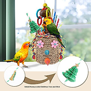 YIXUND Bird Toys,Seagrass Foraging Basket Bird Toy with Colorful Crinkly Paper Wooden Blocks Paper and Bamboo Fingers Nuts DIY Honeycomb Tree for Small Parrot Birds