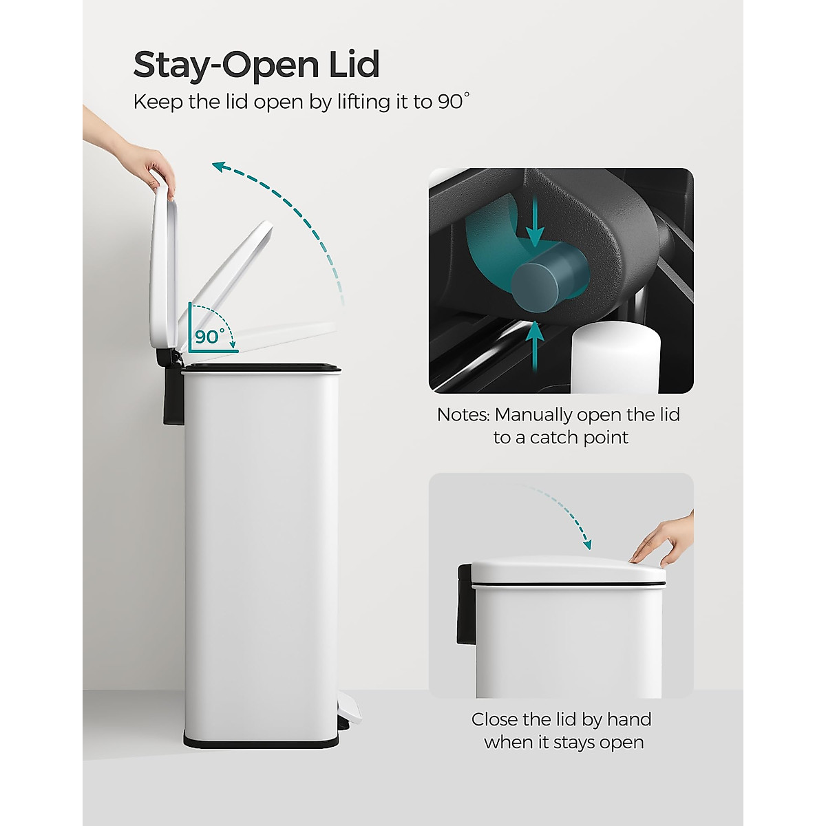 SONGMICS Kitchen Trash Can, 10.5 Gallon (40 L) Garbage Can, Large Step Trash Bin with Lid, Stainless Steel, Soft Close, 15 Trash Bags Included, White ULTB540W40