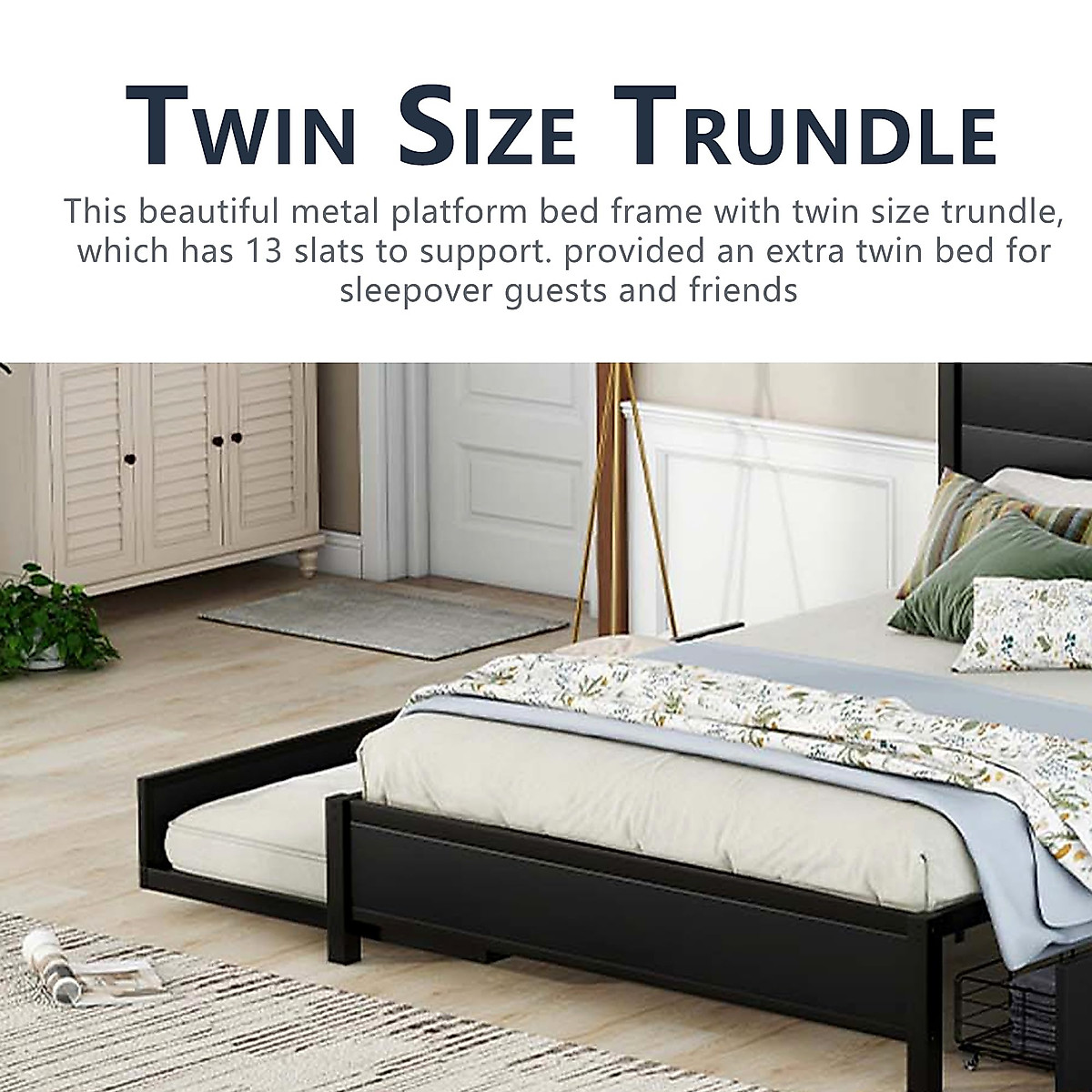 Altillo Queen Size Metal Platform Bed Frame with 2 Storage Drawers and Twin Size Trundle, Mattress Foundation with Tufted Headboard, No Box Spring Needed, Noise Free (Queen)