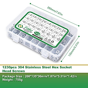 FOLIV Flat Head Socket Cap Screws, 1230PCS M2 M3 M4 M5 Bolts Nuts Washers Assortment Kit, Allen Socket Drive, 304 Stainless Steel