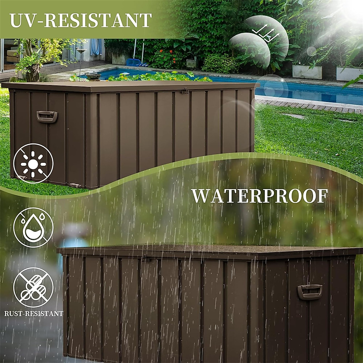 SEALAMB 160 Gallon Metal Outdoor Storage Deck Box, Waterproof Deck Box with Side Handle & Mobility Rollers, Indoor Storage Bin for Organizing Patio Furniture Cushions, Garden Pool Tools, Lockable