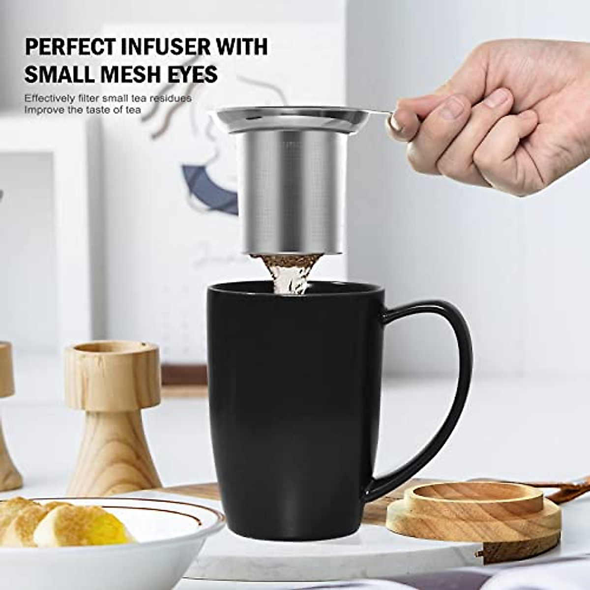 COYMOS Ceramic Tea Mug with Infuser and Lid, 16oz Loose Leaf Tea Cup Large Handle Teaware Mug, Tea Gift Sets for Tea Lover (Black)