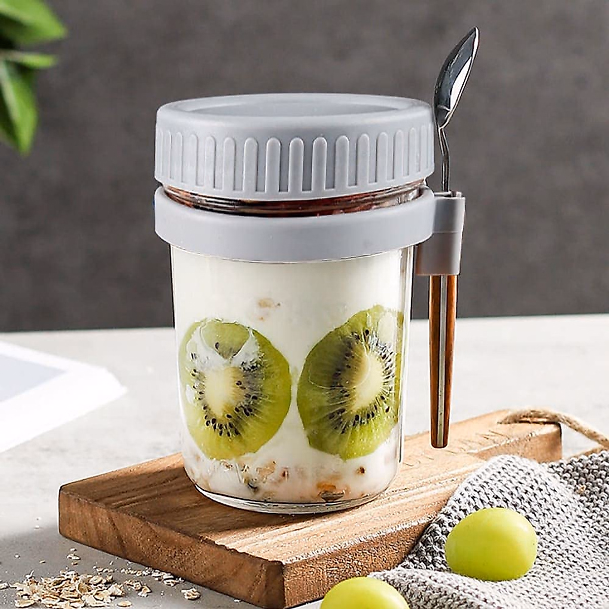 CGHWBEA Overnight Oats Container - Yogurt Oatmeal Glass Canning with Lids and Spoon, 10 oz Cereals, Milk, Fruit Salad, with Measurement Marks (grey)