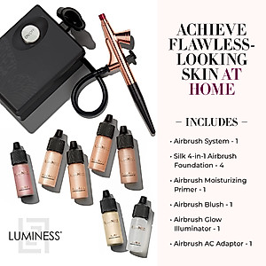 Luminess Air Basic Airbrush Makeup Kit and 9-Piece Silk 4-In-1 Airbrush Foundation Starter System, Warm Coverage - Quick, Easy and Long Lasting Application - Includes Primer, Blush and Glow