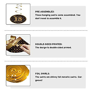 Happy 13th Birthday Party Hanging Swirls Streams Ceiling Decorations, Celebration 13 Foil Hanging Swirls with Cutouts for 13 Years Old Black and Gold Birthday Party Decorations Supplies