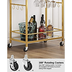TUTOTAK Bar Cart, Serving Cart for Home, Microwave Cart, Drink Cart, Mobile Kitchen Shelf with Wine Rack and Glass Holder, Rolling Beverage Cart, Gold BC01BB031