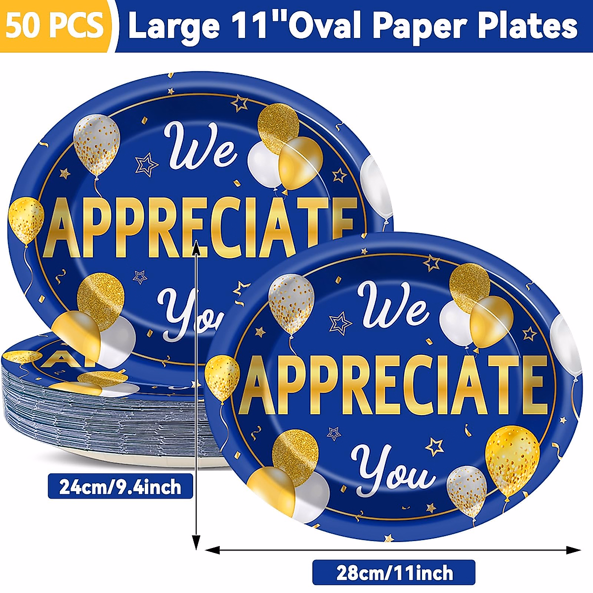 50 Pcs We Appreciate You Party Plates Thank You Plates CNA Appreciation Week Supplies Large 11 Inch Employee Appreciation Party Oval Paper Plate Platter for Teacher Doctor Nurse Staff, Blue Gold