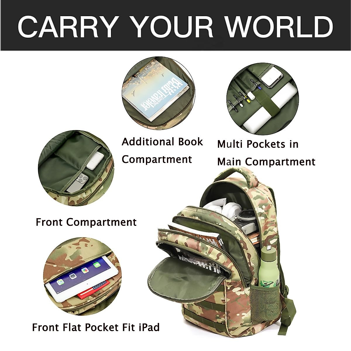outdoor plus Camo Backpack,Military Boys Backpacks for School,40LArmy Bookbag with USB Charging Port Waterproof