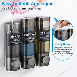 Shampoo and Conditioner Dispenser,GlintGath Shower Dispenser 3 Chamber No Drill Shampoo Dispenser for Shower Wall Mounted Shower Soap Dispenser for Bathroom Hotel,3 * 300ML,Gun Gray