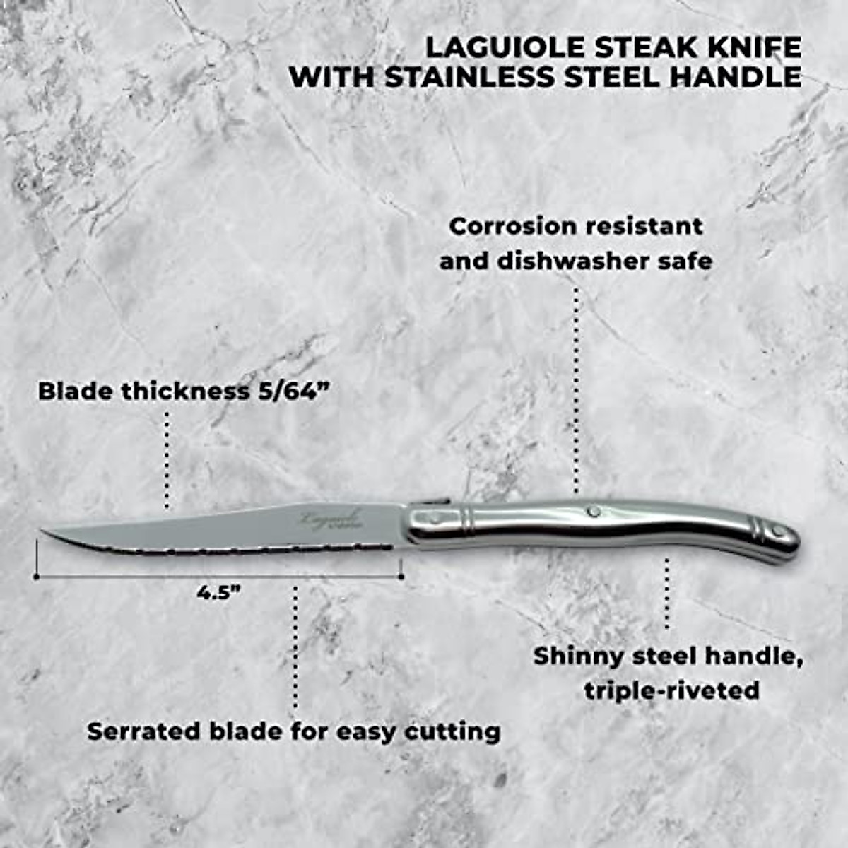 TopKnife Laguiole 6 pcs Steak Knife Set - Stainless Steel Handle - Pine Wood Block