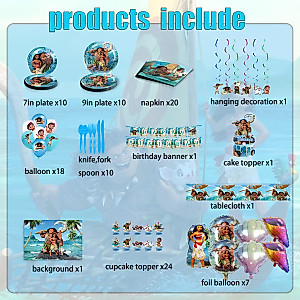 Moana Birthday Party Supplies, Birthday Party Decorations Including Banner Balloons Cupcake Toppers Tablecloth Tableware Background for Moana Theme Party Decorations