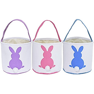 3 PCS Easter Bunny Basket Bags for Kids - Canvas Cotton Carrying Gift and Eggs Hunt Bag, Easter Gift Basket with Tails Printed Rabbit (Purple, Blue, Pink)