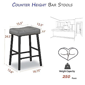 Counter Height Bar Stools Set of 2, 24 Inch Kitchen Bar Stools with Backless, Saddle Upholstered Seat Padding Stools for Kitchen Island,Breakfast, Bar, Dining Room, Grey-Black, Metal KR302PDG