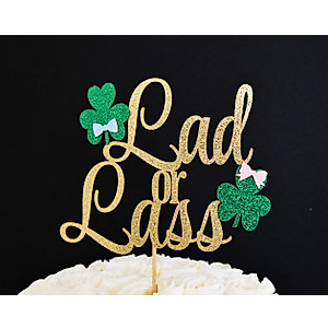 Lad or Lass Shamrock Gender Reveal Glitter Paper Cake Topper