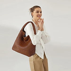 Women Vegan Leather Hand-Woven Tote Handbag Fashion Shoulder Top-handle Bag All-Match Underarm Bag with Purse (Brown)