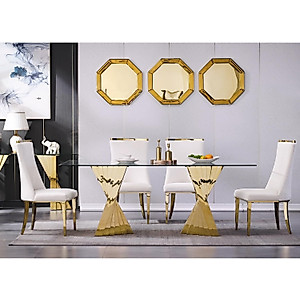 AZhome White and Gold Dining Chairs Set of 4, White Velvet Dining Room Chairs with Reticulate Texture Back and Metal Trim Top, Upholstered Chairs with Gold Stainless Steel Legs