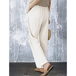GLIENST Women's Linen Drawstring Palazzos Pants Wide Leg Elastic Waist Loose White Cropped Pants Trousers Casual Sweat Palazzos Pants for Ladies Girls White XL