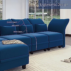 LLappuil Velvet Modular Sectional Sofa 127.7" 7-Seater U Shaped Couch with Storage, High Back Recliner Couches with Chaise for Living Room, Anti-Scratch Blue