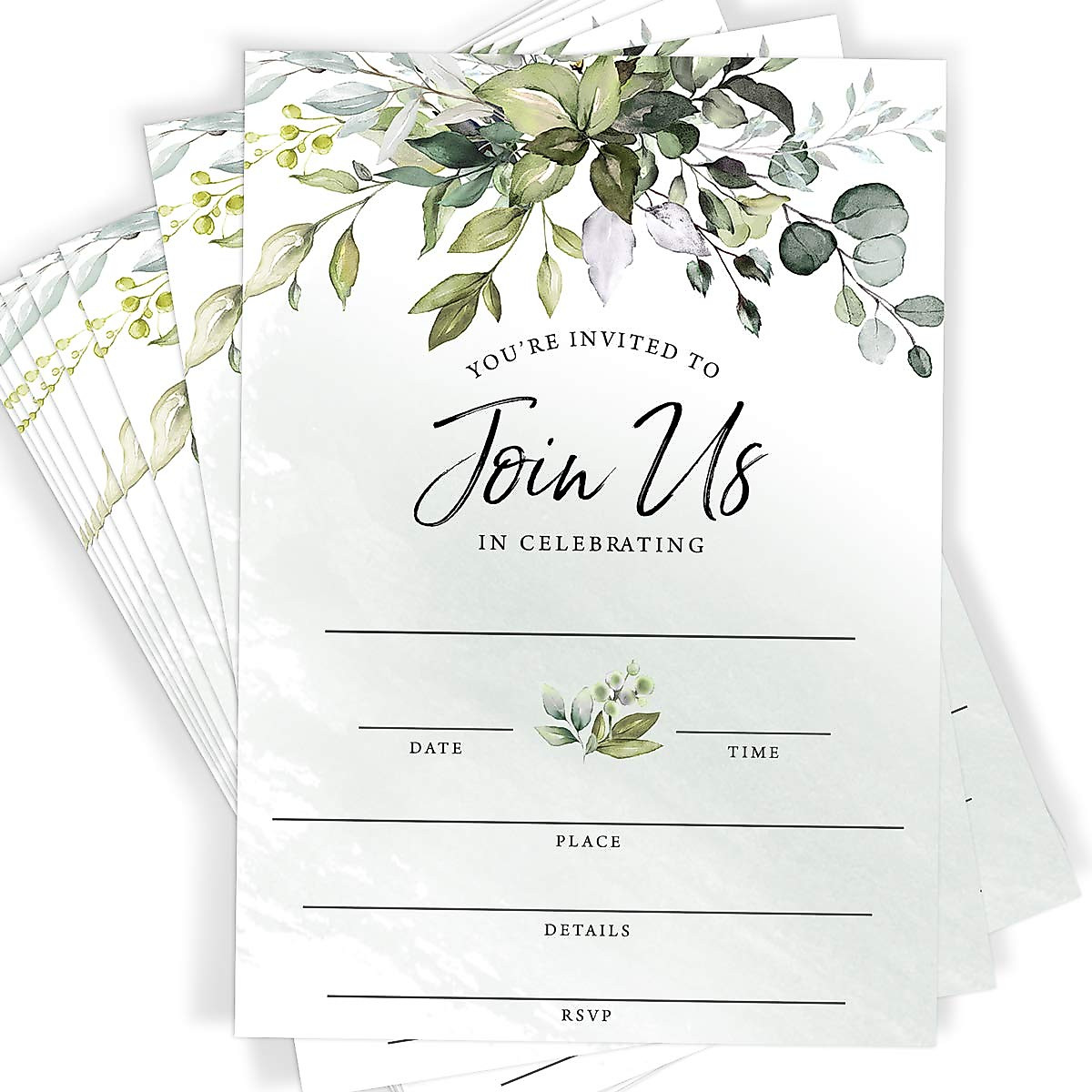 Printed Party Fill-in Invitations and Envelopes, Eucalyptus Greenery, Set of 25