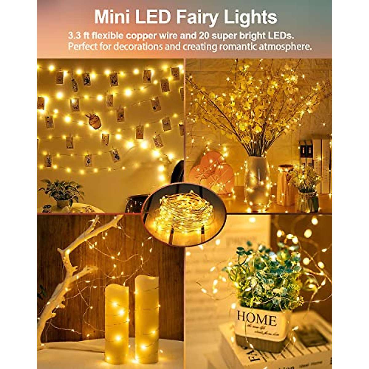 20 Pack Fairy Lights Battery Operated 3.3ft 20 LED Mini String Lights Twinkle Lights Copper Wire Firefly Starry Lights for Mason Jars Wedding Party Christmas Centerpiece Table Decorations, Warm White