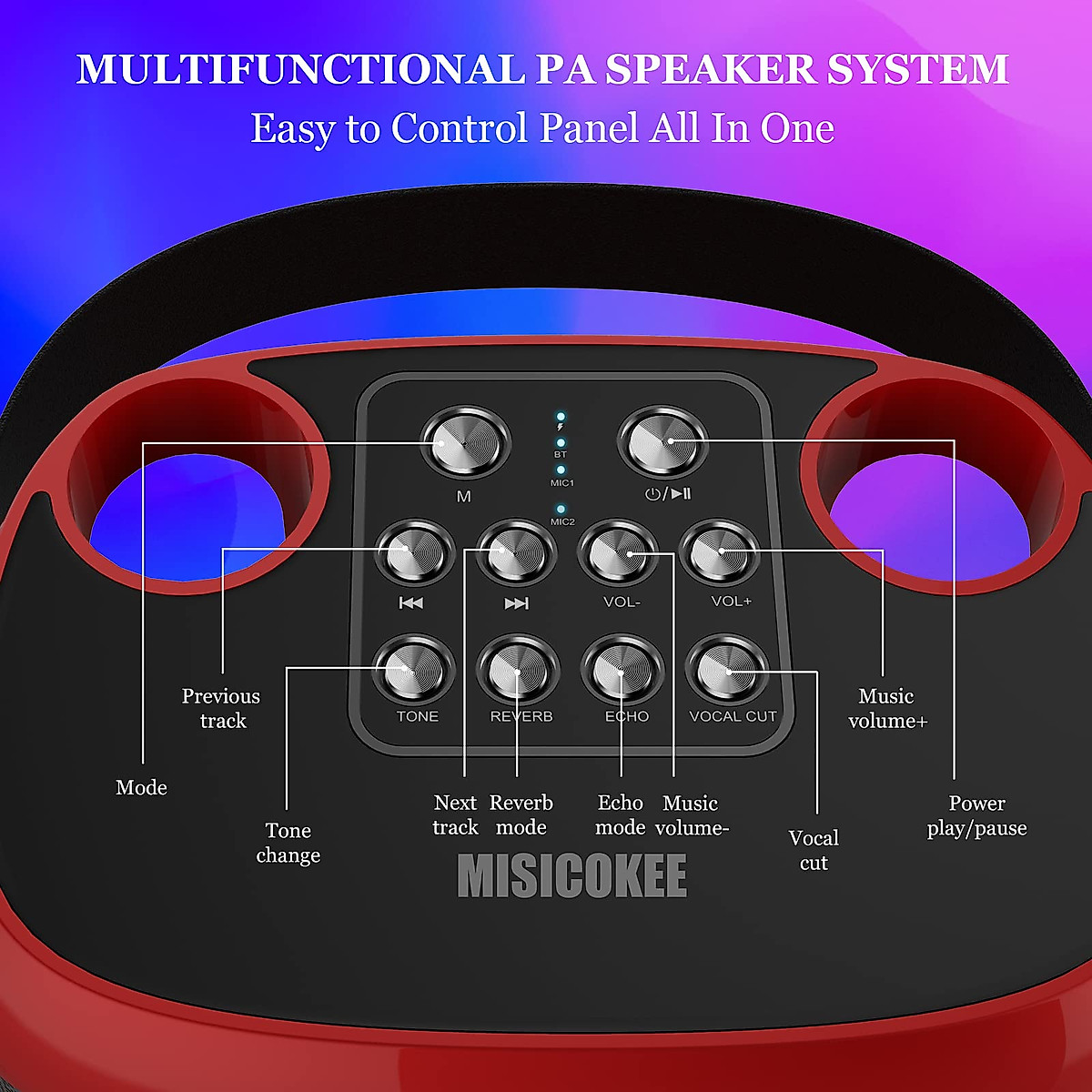 Karaoke Machine with 2 UHF Wireless Microphones, Karaoke Machine for Adults and Kids, Bluetooth Karaoke Speaker with PA System&Vocal Cut,Supports for BT/AUX/USB/SD for TV, Party, Travel, Birthday