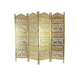 Deco 79 Wooden Scroll Handmade Partition Room Divider Screen Hinged Foldable Partition 4 Panel Privacy Screen with Carved Elephant Accents, Room Partition 80" x 1" x 72", Gold