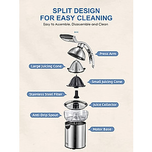 QCen Electric Citrus Juicer Squeezer, Electric Juicer for Orange, Lemon and Limes with Rubber Handle and Two Size Cones, Anti-Drip Spout, Easy to Clean and Use, BPA Free, Black/Stainless Steel