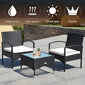 Tangkula 3 PCS Patio Wicker Rattan Furniture Set, Rattan Chair with Coffee Table, High Load Bearing Chair Conversation Sets for Patio Garden Lawn Backyard Pool (Black)