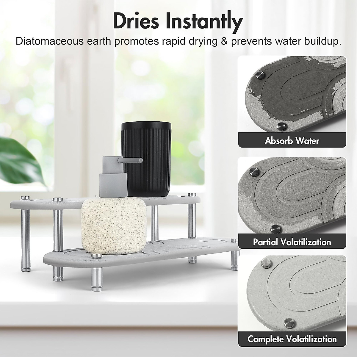 YumTech Sink Tray, Diatomaceous Tray, Fast Drying Stone Sink Caddy, Instant Dry Sink Organizer Bathroom, Water Absorbing Drying Stone Tray for Sink, Drying Stone for Kitchen Counter(2-Tier, Grey）