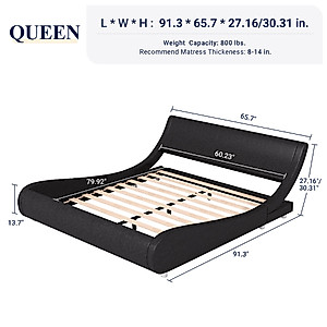 Allewie Upholstered Queen Size Platform Bed Frame Modern Low Profile Sleigh Bed with Faux Leather Adjustable Headboard, Wood Slat Support, Easy Assembly, No Box Spring Needed, Glossy Black