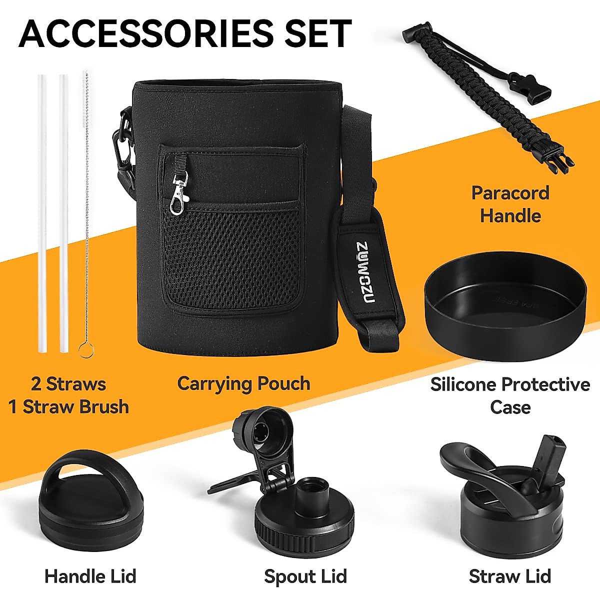 ZUWOZU 1 Gallon Water Bottle Insulated, 128oz Large Stainless Steel Water Bottles with Straw, Spout & Handle Lid, Big 1 Gallon Water Jug with Carrier Bag w/Strap, Perfect for Hot&Cold Drinks,Black