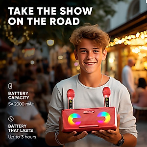 MASINGO Karaoke Machine for Adults and Kids with 2 Wireless Microphones, Portable Bluetooth Singing Speaker, Colorful LED Lights, PA System, Lyrics Display Phone Holder, and TV Cable. Presto G2 Pink