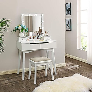 BEWISHOME Makeup Vanity Set with Lighted Mirror with 10 LED Bulbs, Makeup desk with 4 Drawers 2 DIY Dividers Removable Makeup Organizer & Cushioned Stool, White Table FST10W