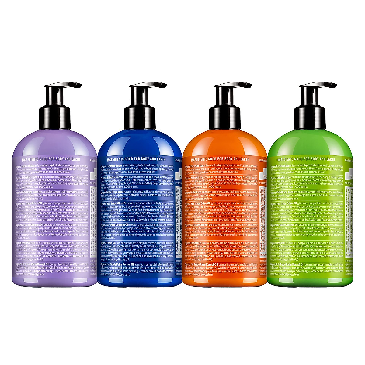 Dr. Bronner's - Organic Sugar Soap (12 oz Variety Pack) Lavender, Peppermint, Tea Tree, & Lemongrass - Made with Organic Oils, Sugar & Shikakai Powder, 4-in-1 Use: Hands, Body, Face & Hair | 4 Count