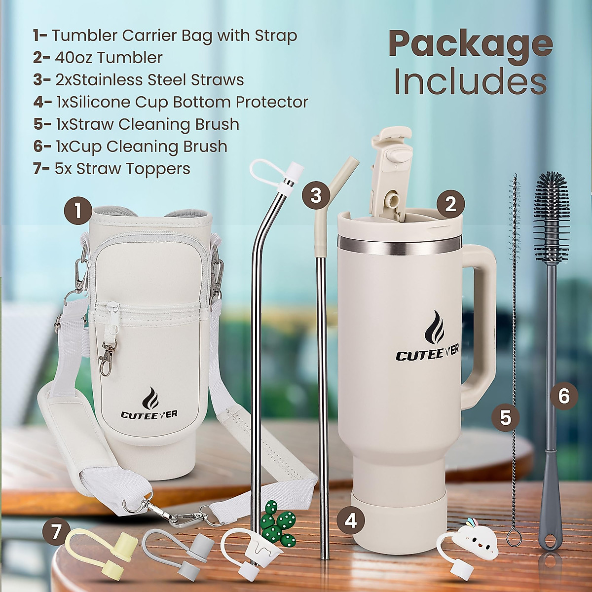 Cuteever Insulated Cup 40 oz Tumbler with Handle and Straw- Stainless Steel Water Bottle - Spill Proof Tumbler with Straw & Tumbler Accessories for Smoothie, Water, Iced Tea, or Coffee - Almond Color.