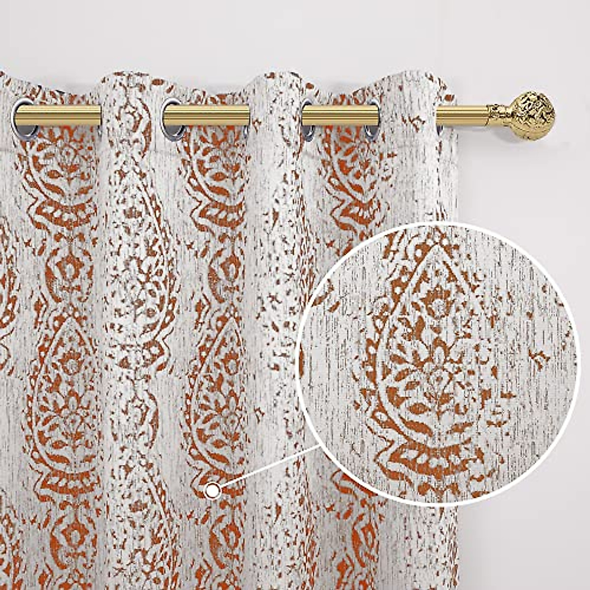 Mrs.Naturall Rusty Orange Curtains 63 Inch Length for Bedroom 2 Panels Grommet Burnt Orange Medallion Patterned Damask Moroccan Design Semi Sheer Drapes for Living Room,Terracotta and Gray Cream