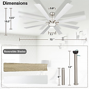 hykolity 72 Inch Indoor Ceiling Fans with Lights and Remote Control,Quiet Indoor Reversible DC Motor Ceiling Fan,8 Blades, Dimmable, 5CCT,6-Speed Ceiling Fan -Brushed Nickel