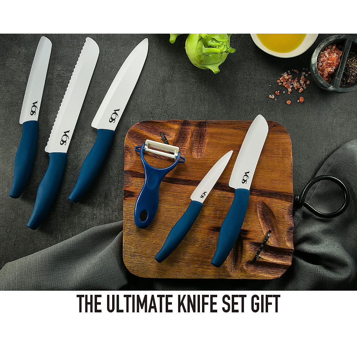 Vos Universal Knife Block and Ceramic Kitchen Knives With Peeler, Ceramic Paring Knife 4", 5", 6", 7", 8" Inch Blue