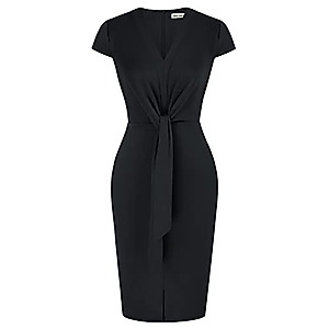 Short Sleeve Summer Business Casual Dresses for Women Tie Front Midi Pencil Dresses for Work Office Slit V-Neck Pencil Dresses Black M