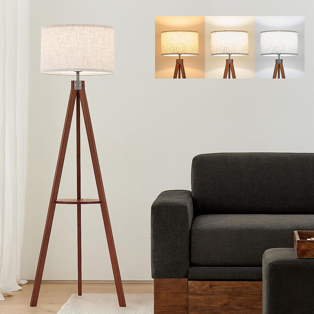 ELYONA Tripod Floor Lamp with Table, Rubber Wood Tall Standing Light, Mid Century Modern Corner Shelf Reading Floor Lamp with Drum Shade for Living Room, Bedroom, Office, LED Bulb Included, Brown