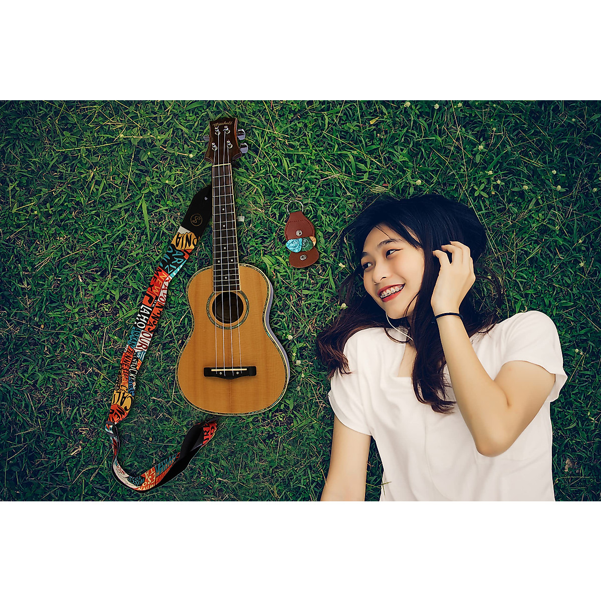 Speedee Music Embroidered Ukulele Strap Kit - 1 US Map Camo Design Ukulele Strap, 3 Guitar Picks, 1 Strap Button, 1 Pick Holder Orange Black Red Blue Yellow White