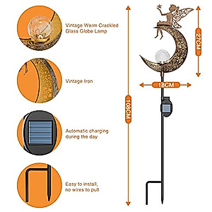 ConKrian Garden Solar Lights Pathway,Angel Moon Crackle Glass Globe Stake with Angel Metal Lights,Waterproof Warm White LED for Lawn,Patio or Courtyard,Christmas Decorative Lights Outdoor Gift Set