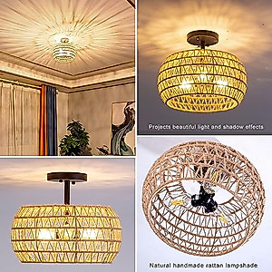 Rattan ceiling light With natural Woven，3-Lights Semi Flush Mount Ceiling Light,twine with Woven Lamp Shade,size 10*12",Boho Ceiling Light Fixtures for Kitchen Dining Room Bedroom Hallway Guesthouse