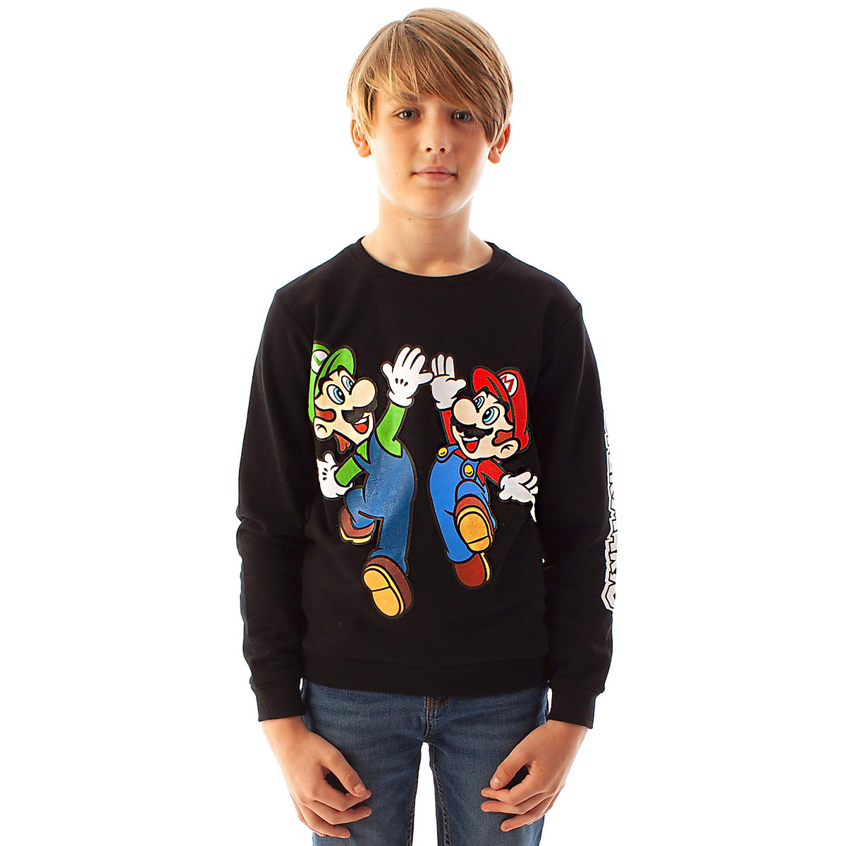 Super Mario Sweatshirt Luigi Character Gamers Black Long Sleeve Kids Boys Jumper 7-8 Years