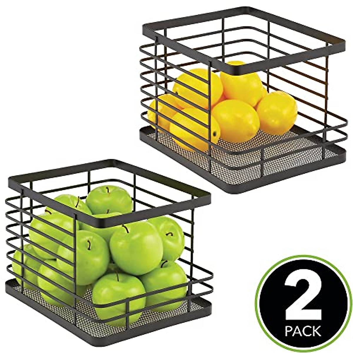 mDesign Stacking Wire Baskets Food Organizer Storage Metal Basket with Open Front for Kitchen Cabinet, Pantry, Cupboard, and Shelves - Organize Fruits, Snacks, and Vegetables - 2 Pack - Matte Black
