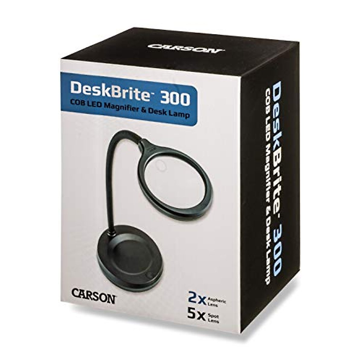 Carson DeskBrite300 COB LED Lighted 2x Aspheric Magnifier & Desk Lamp with 5x Spot Lens with Included USB-C Power Adapter (LM-30)., Black, Medium