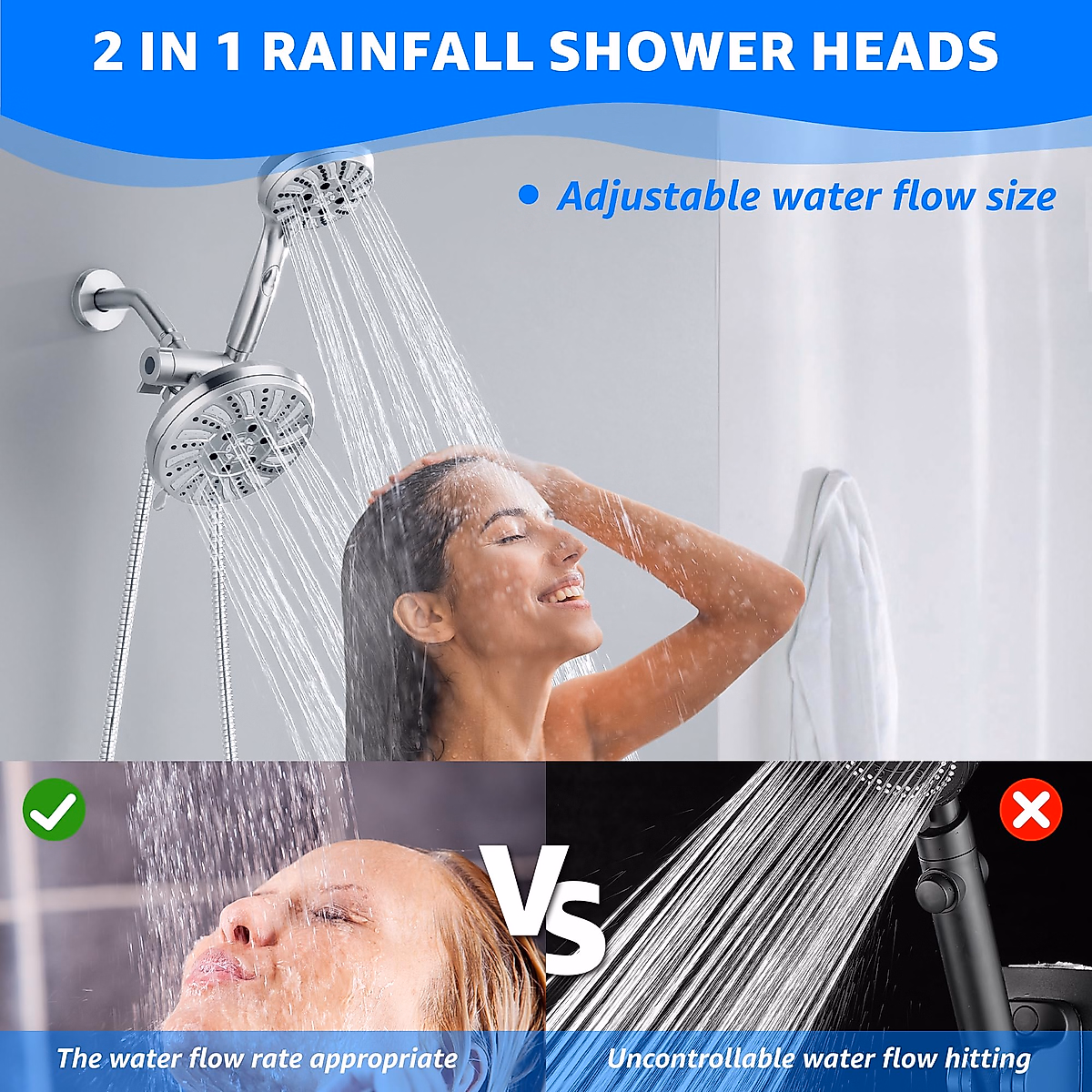 AMAZING FORCE 8.6 Inch Handheld Shower HeadShower High Pressure Handheld Shower With 6 Way Rainfall Combo Shower Sprayer